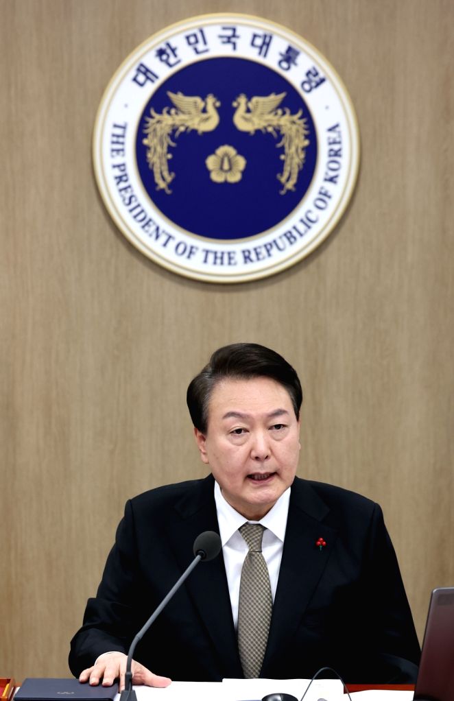 Seoul : President Yoon Suk Yeol speaks during a at the presidential ...