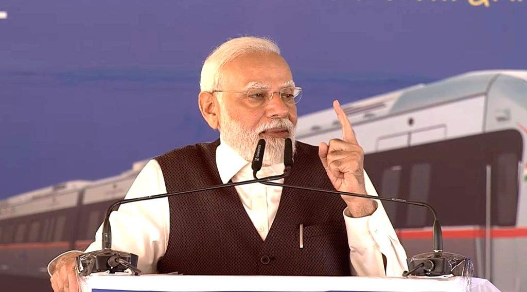 Prime Minister Narendra Modi addresses during the inauguration ceremony ...
