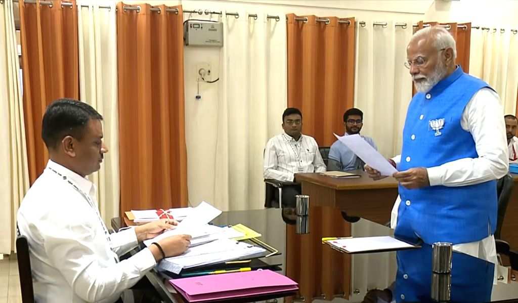 Prime Minister Narendra Modi arrives at the DM office in Varanasi, to ...