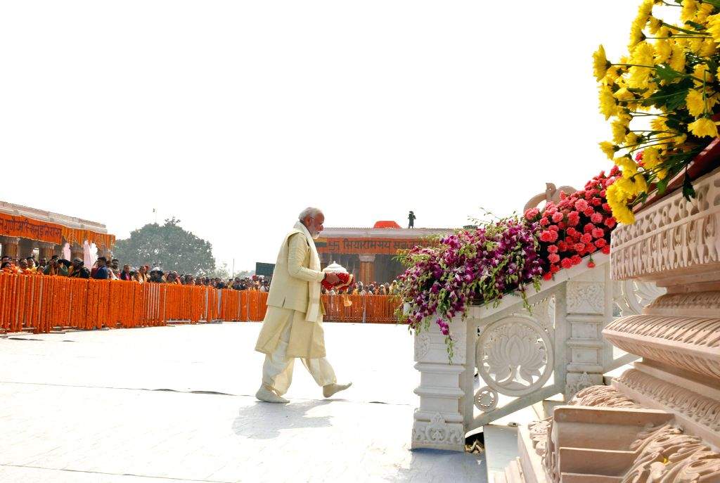 Prime Minister Narendra Modi arrives at the Ram Mandir for the 'Pran ...