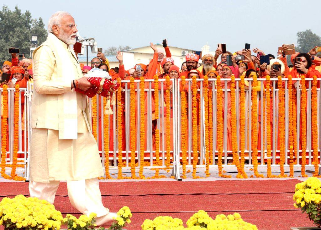 Prime Minister Narendra Modi arrives at the Ram Mandir for the 'Pran ...
