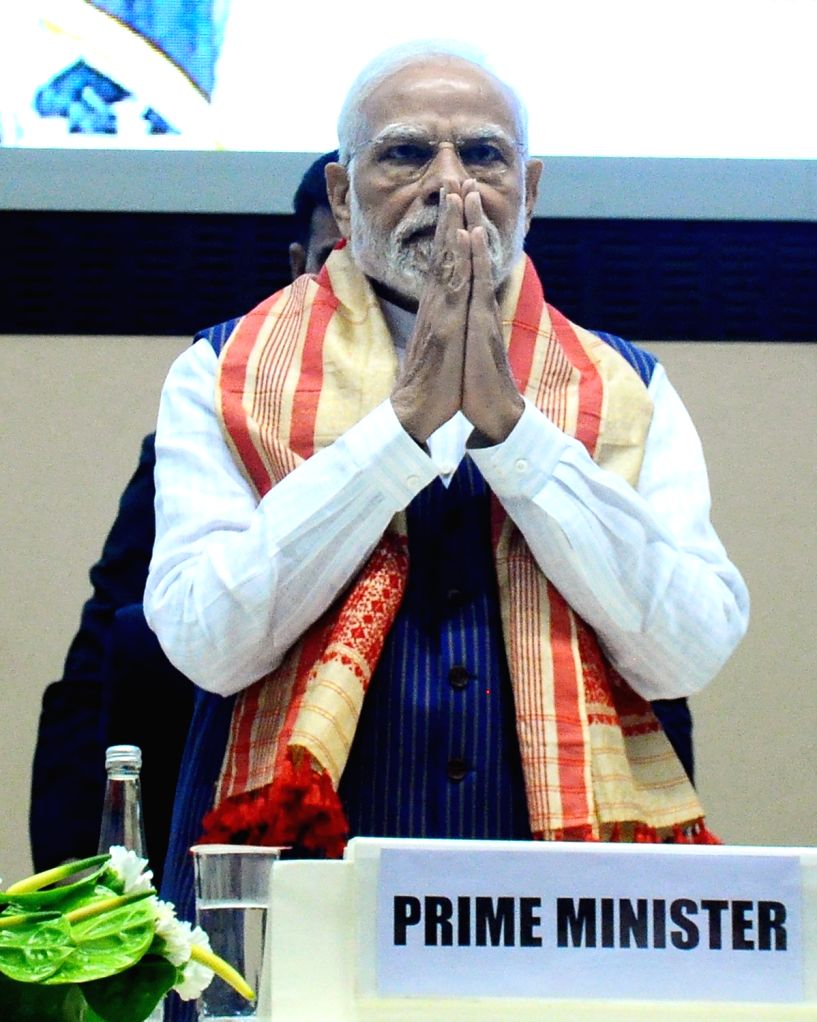 Prime Minister Narendra Modi gestures during the closing ceremony