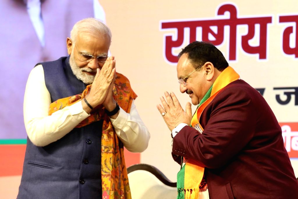 Prime Minister Narendra Modi greets BJP National President JP Nadda