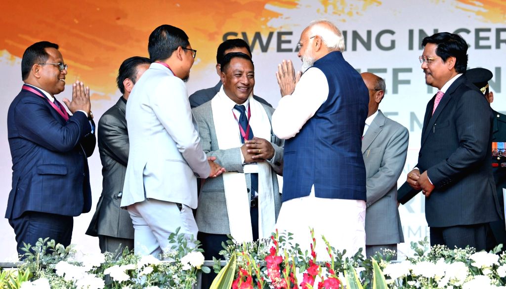 Shillong: Prime Minister Narendra Modi greets newly sworn-in ministers