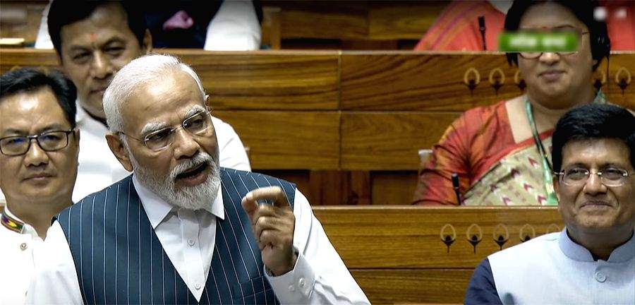 Prime Minister Narendra Modi in the Lok Sabha during a special session