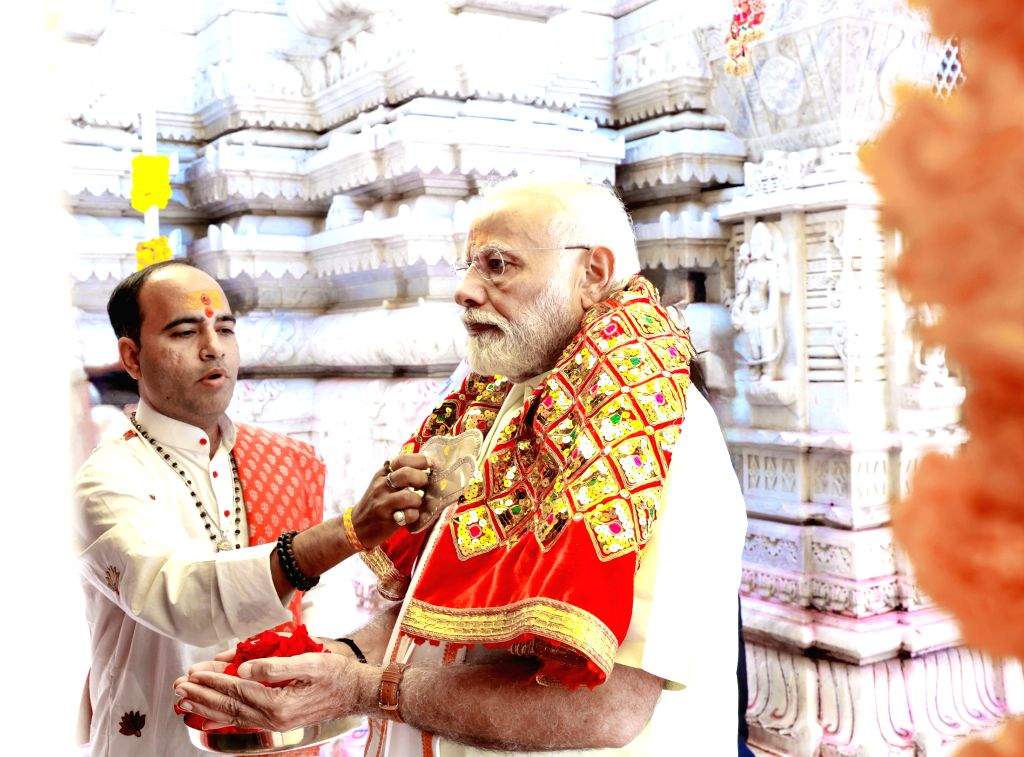 Prime Minister Narendra Modi offers prayers at Goddess Amba temple