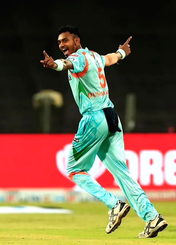 Pune : LSG's Dushmantha Chameera celebrates a dismissal during the ...