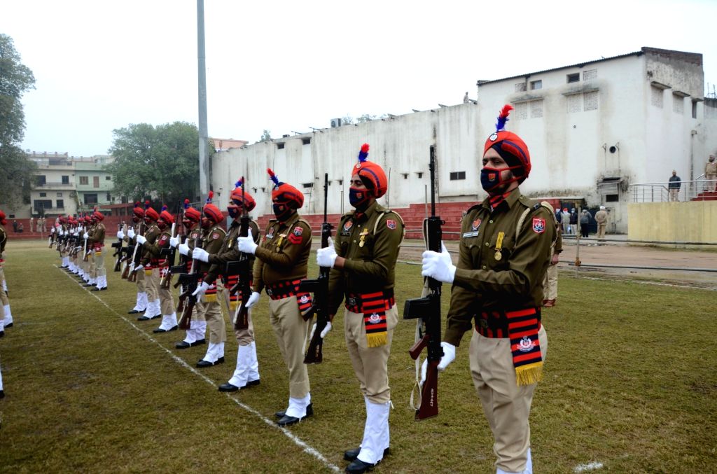 Punjab Police personnel march during full dress rehearsal