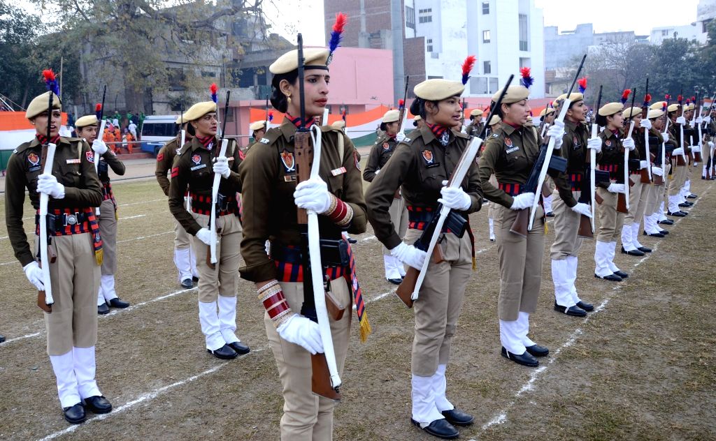 Punjab police personnel take part in a full dress rehearsal.