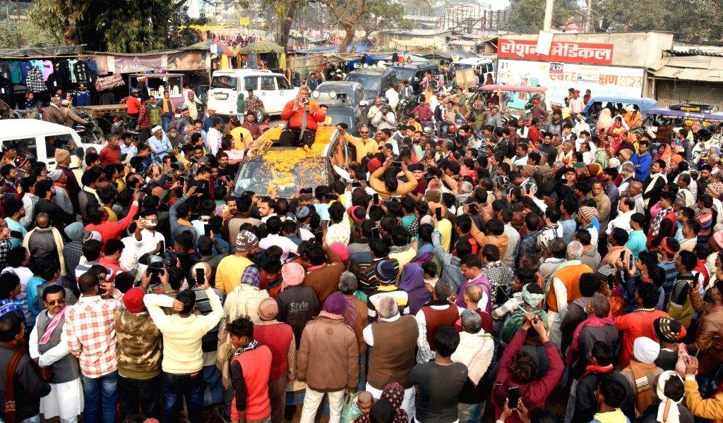 Purnia : Jan Adhikar Party chief Pappu Yadav during a roadshow