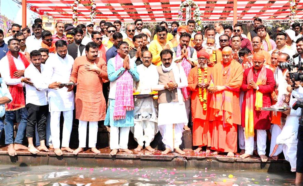 PWD State Minister Rakesh Singh offers prayers at Gaurighat on the ...