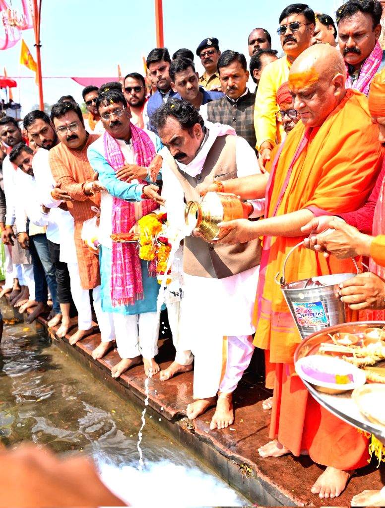 PWD State Minister Rakesh Singh offers prayers at Gaurighat on the ...