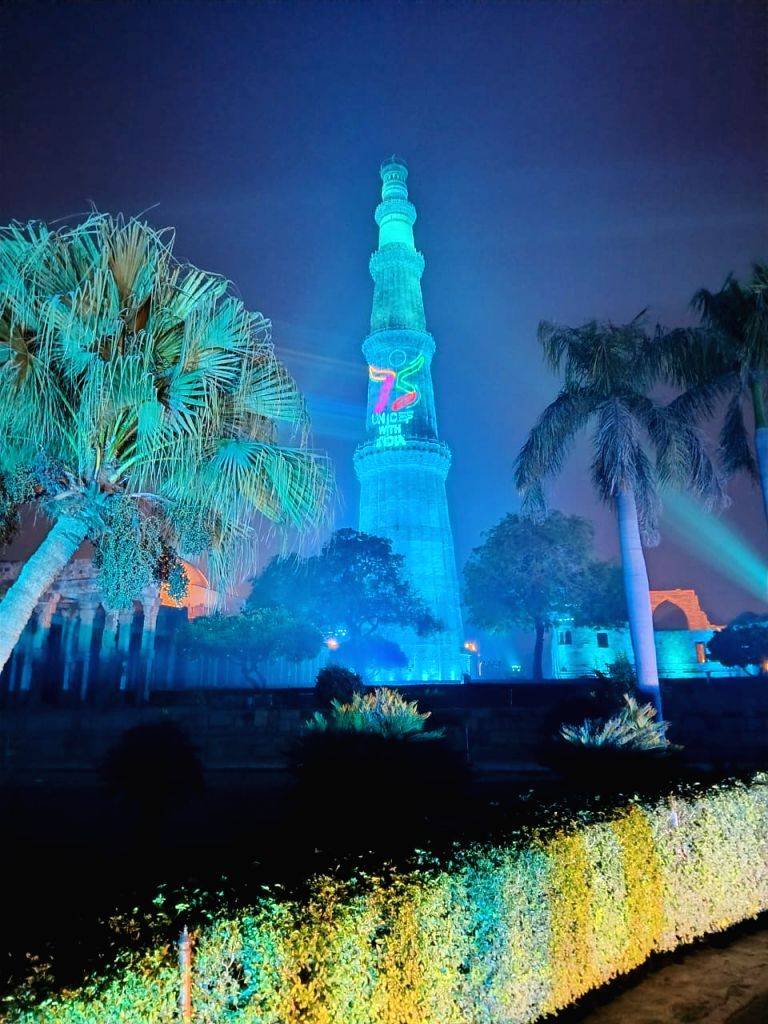 Qutub Minar is illuminated in blue light in solidarity for child rights ...