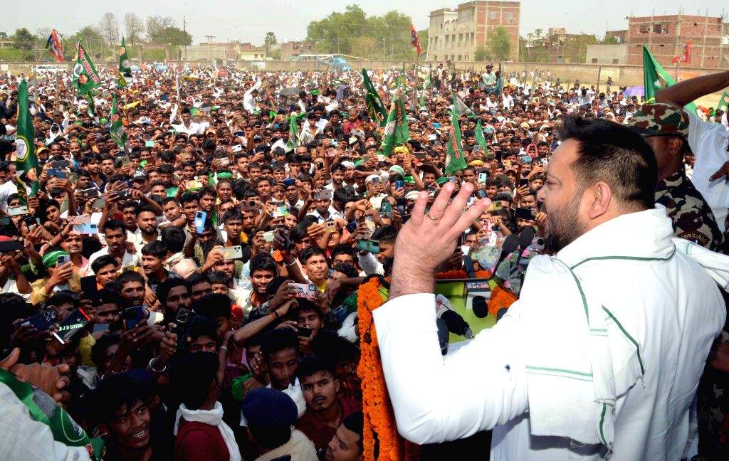 RJD leader Tejashwi Yadav addresses a public meeting ahead of Lok Sabha ...