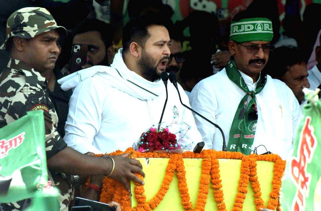 RJD leader Tejashwi Yadav addresses a public meeting ahead of Lok Sabha ...