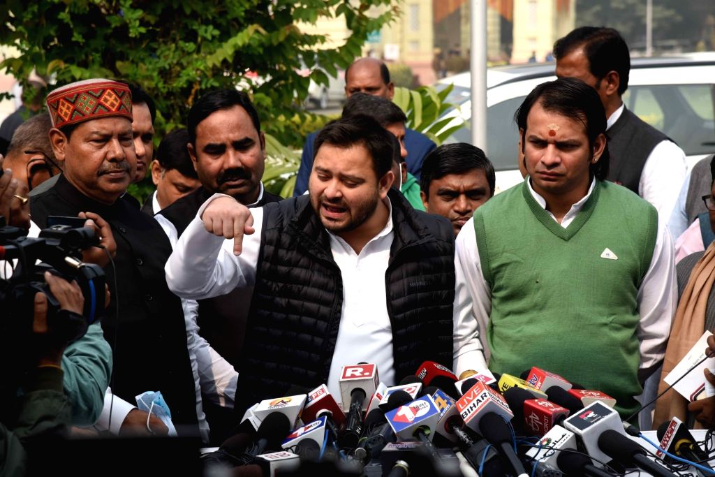 RJD leader Tejaswi Yadav addresses a media persons at Bihar Assembly ...