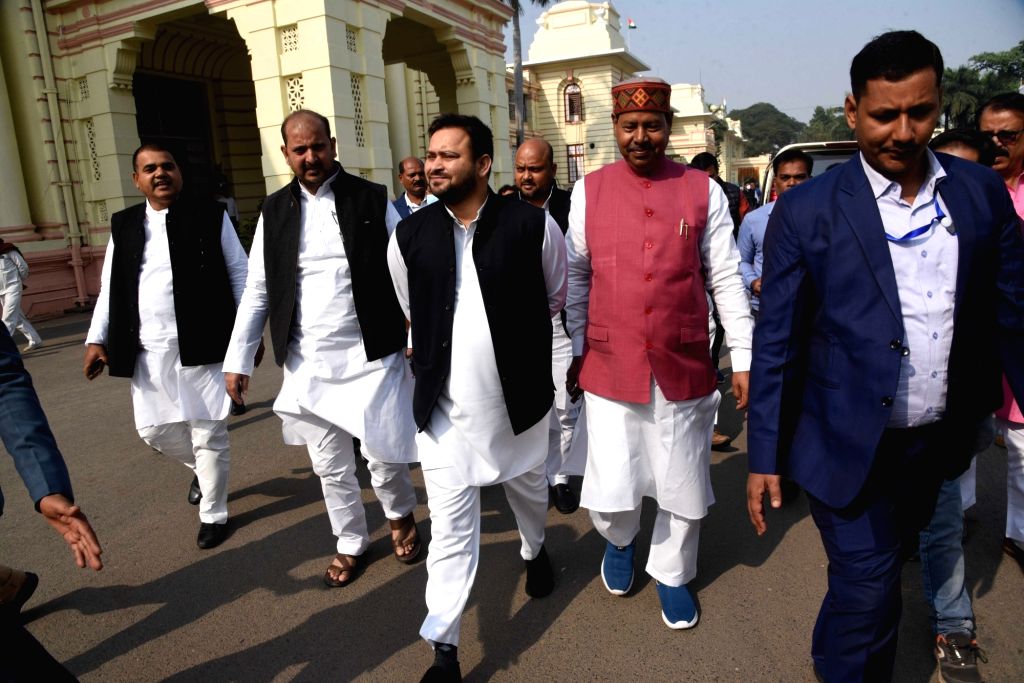 RJD leader Tejaswi Yadav outside State Legislative Assembly,