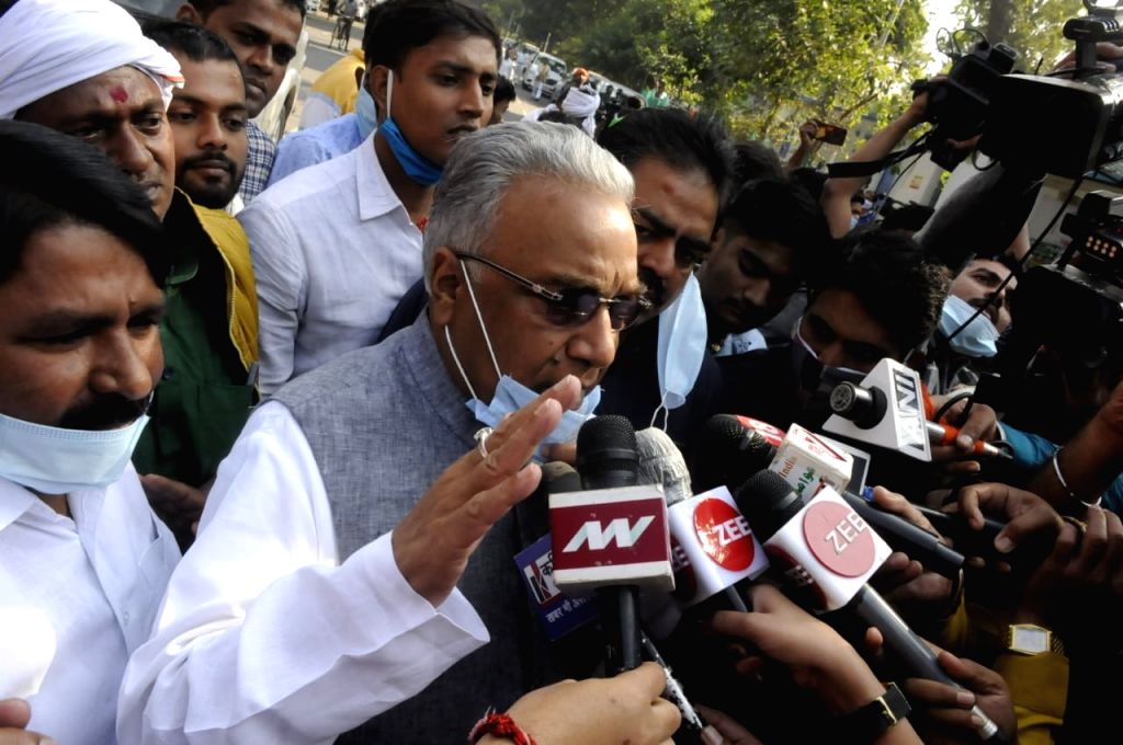 RJD MP Prem Gupta talks to the media