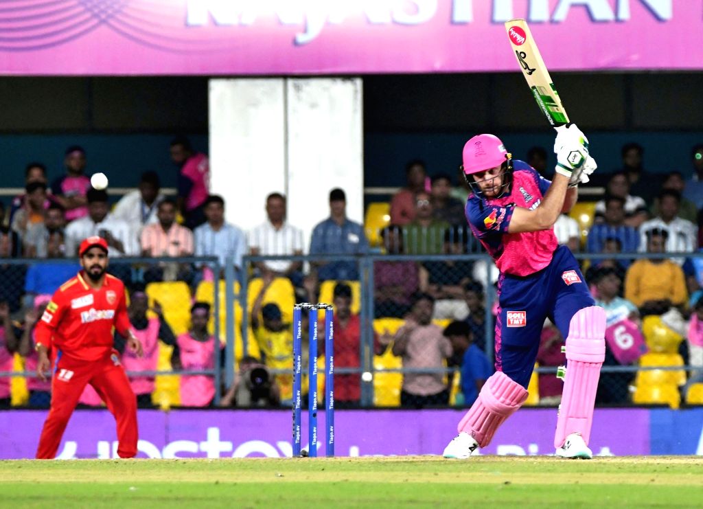 RR batter Jos Buttler plays a shot during the IPL 2023 match