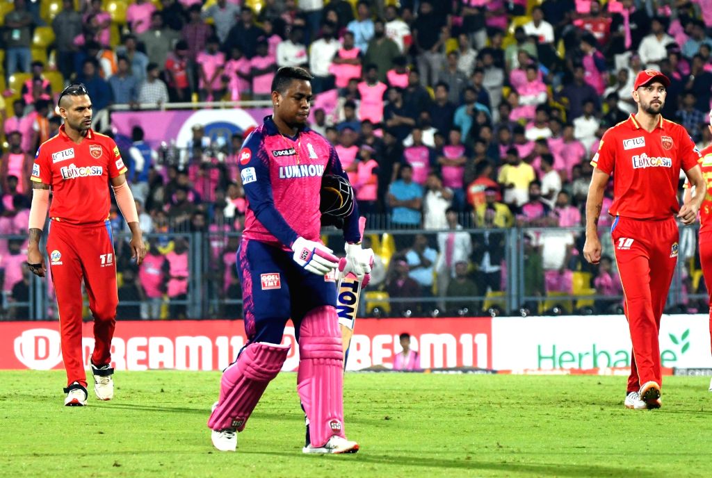RR batter Shimron Hetmyer walks back after his dismissal during the IPL ...