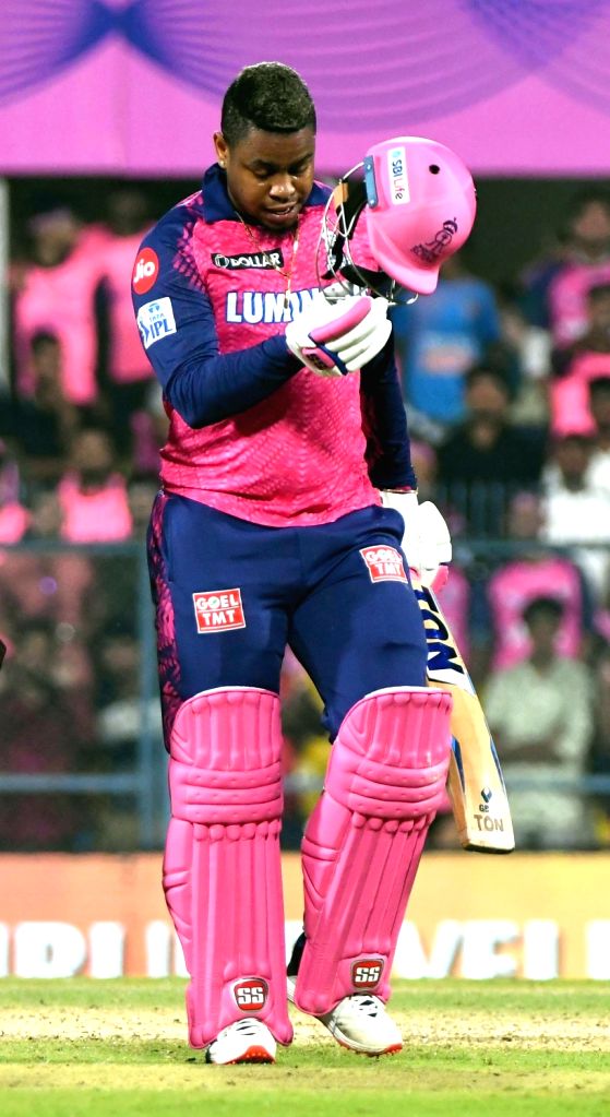 RR batter Shimron Hetmyer walks back after his dismissal during the IPL ...