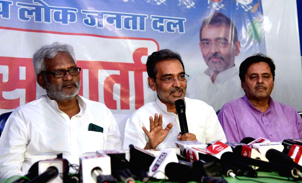 Rshtriya Lok Janta Dal Party chief Upendra Kushwaha addresses a press ...