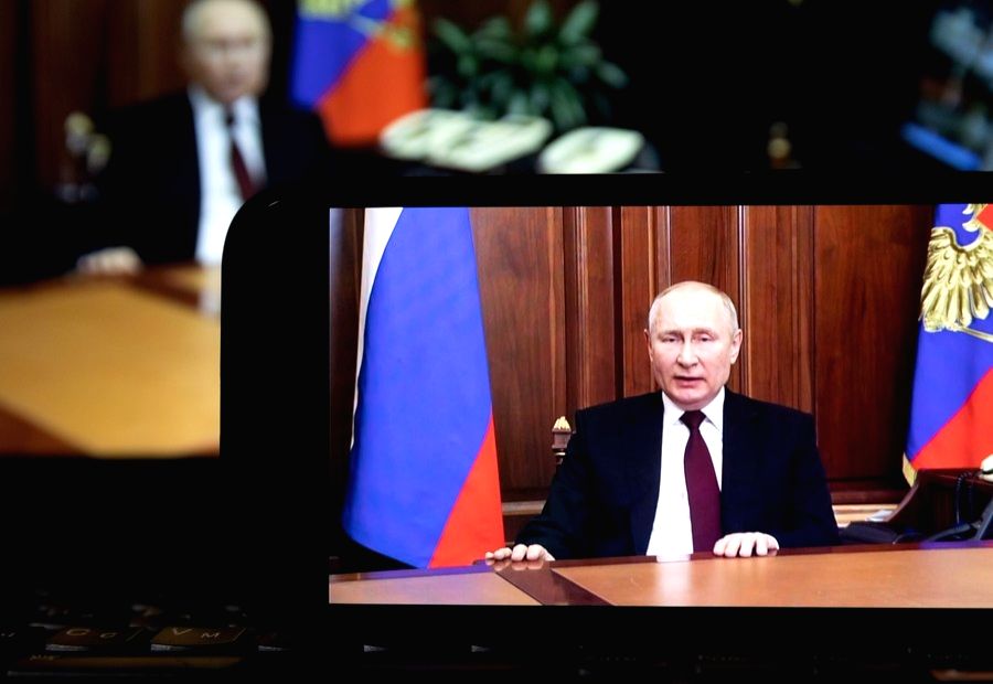 Moscow, :Russian President Vladimir Putin speaking during a televised ...