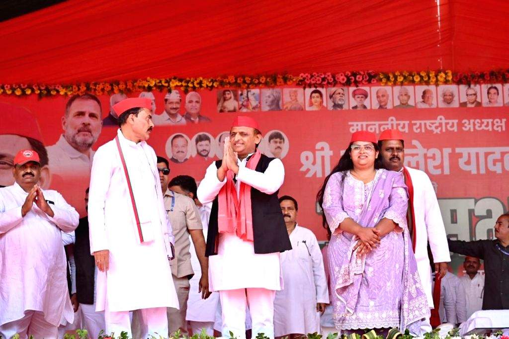 Samajwadi Party Chief Akhilesh Yadav during a public meeting in support ...