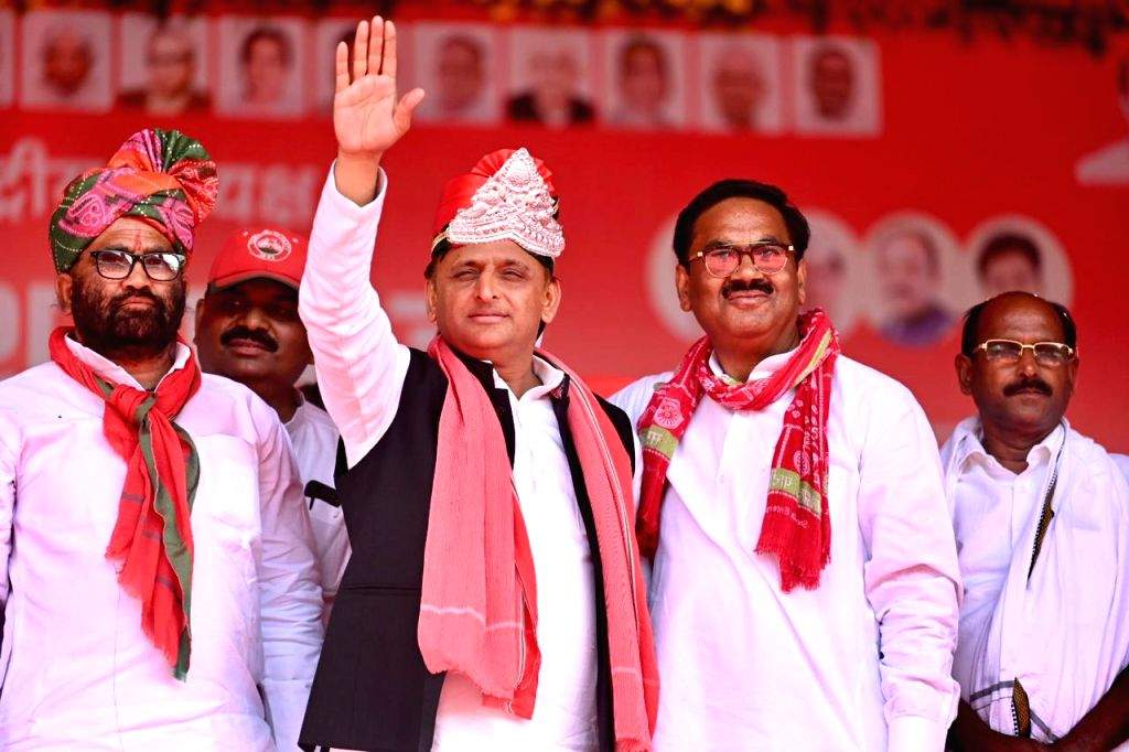 Samajwadi Party Chief Akhilesh Yadav during a public meeting in support ...