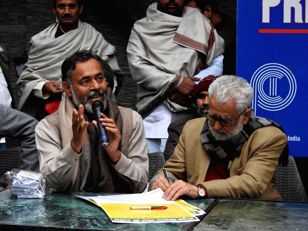 Samyukt Kisan Morcha leader Yogendra Yadav addresses a press conference ...