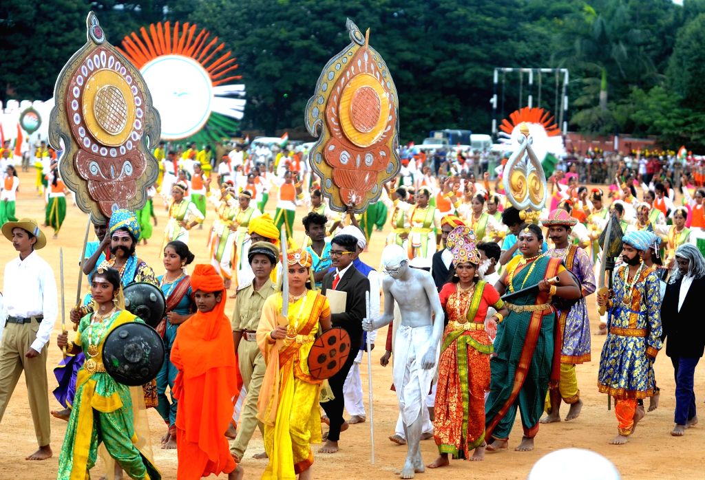 School students dressed up as different characters during a parade
