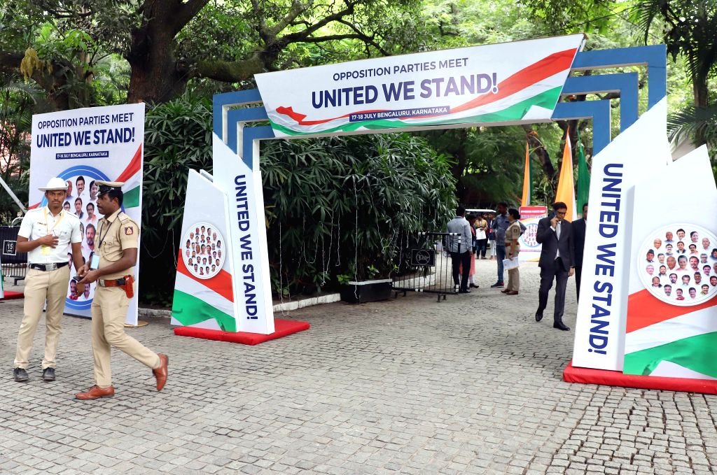 Security personnel outside the venue of the united opposition meeting