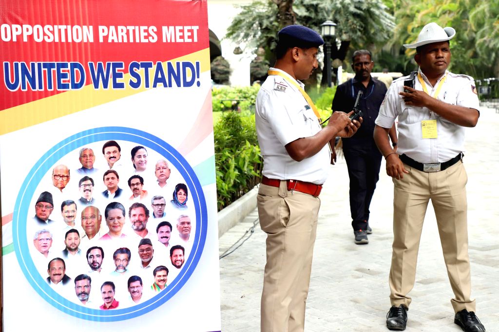 Security personnel outside the venue of the united opposition meeting