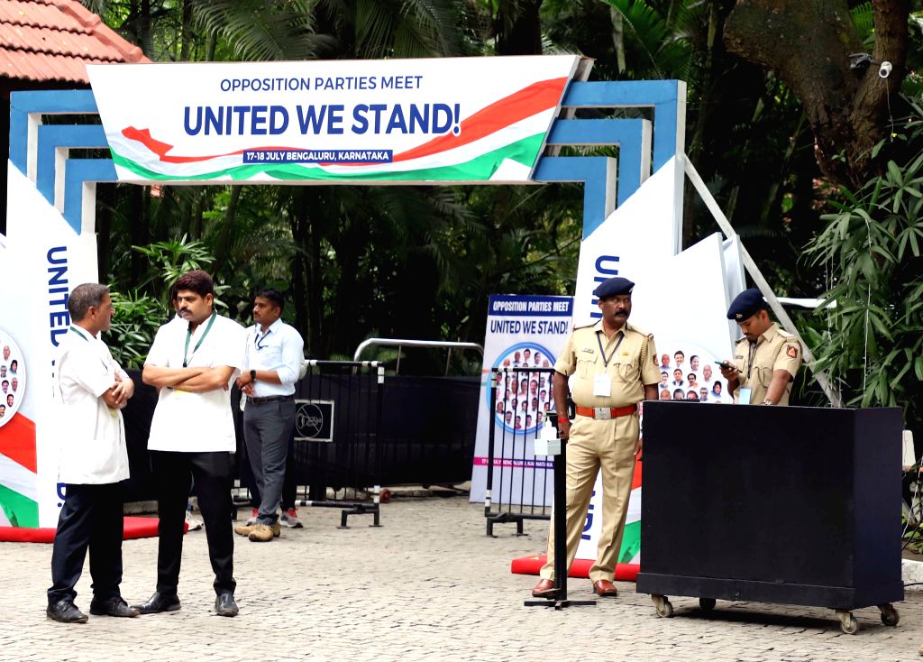 Security personnel outside the venue of the united opposition meeting
