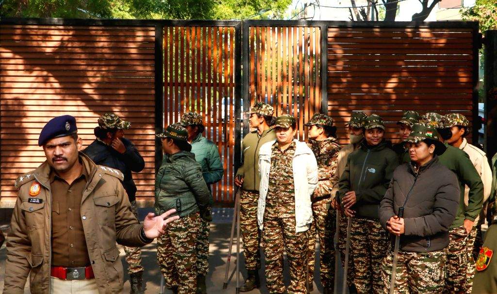 Security personnel stand guard at Delhi Chief Minister Atishi’s residence