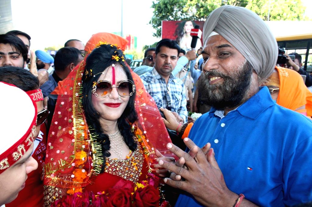 Radhe Maa seen at Sri Guru Ram Das Jee International Airport