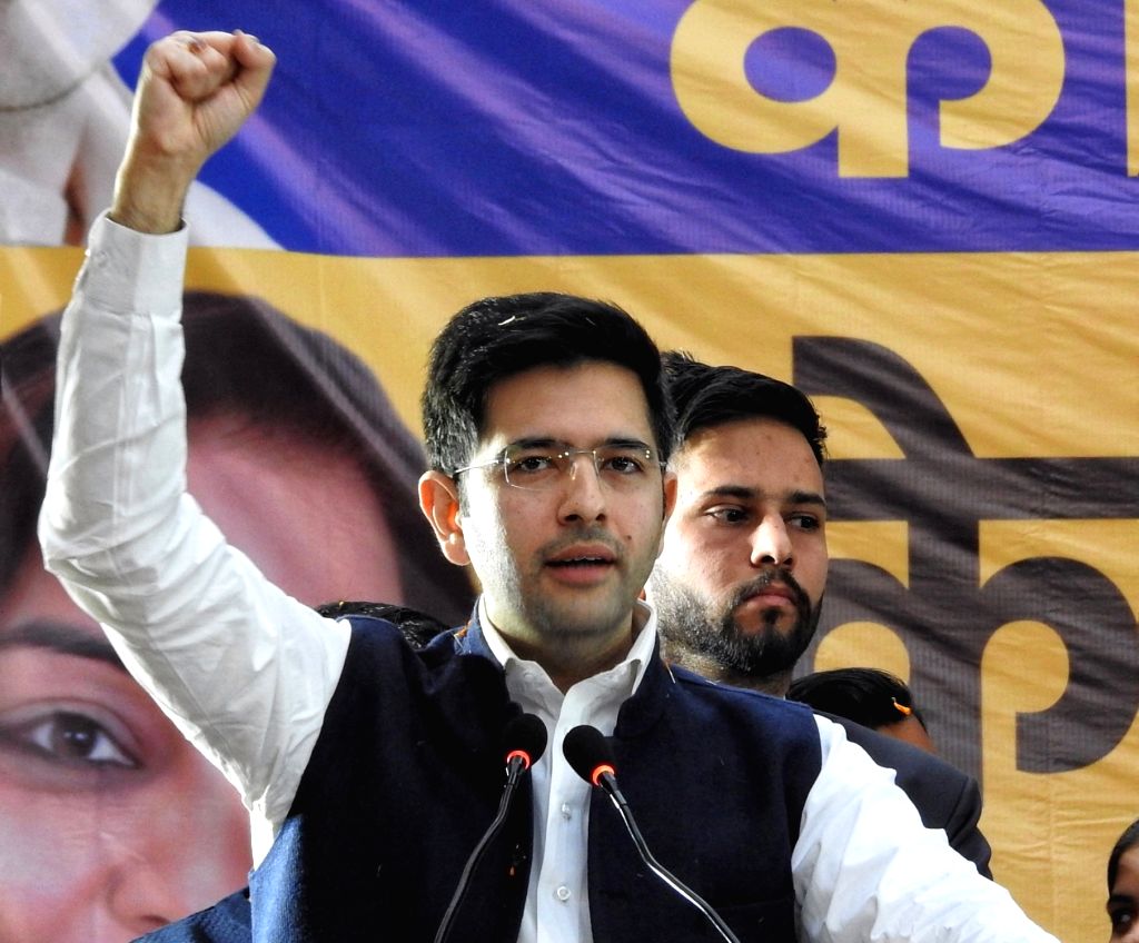 New Delhi : MP Raghav Chadha addressing during an election campaign for ...