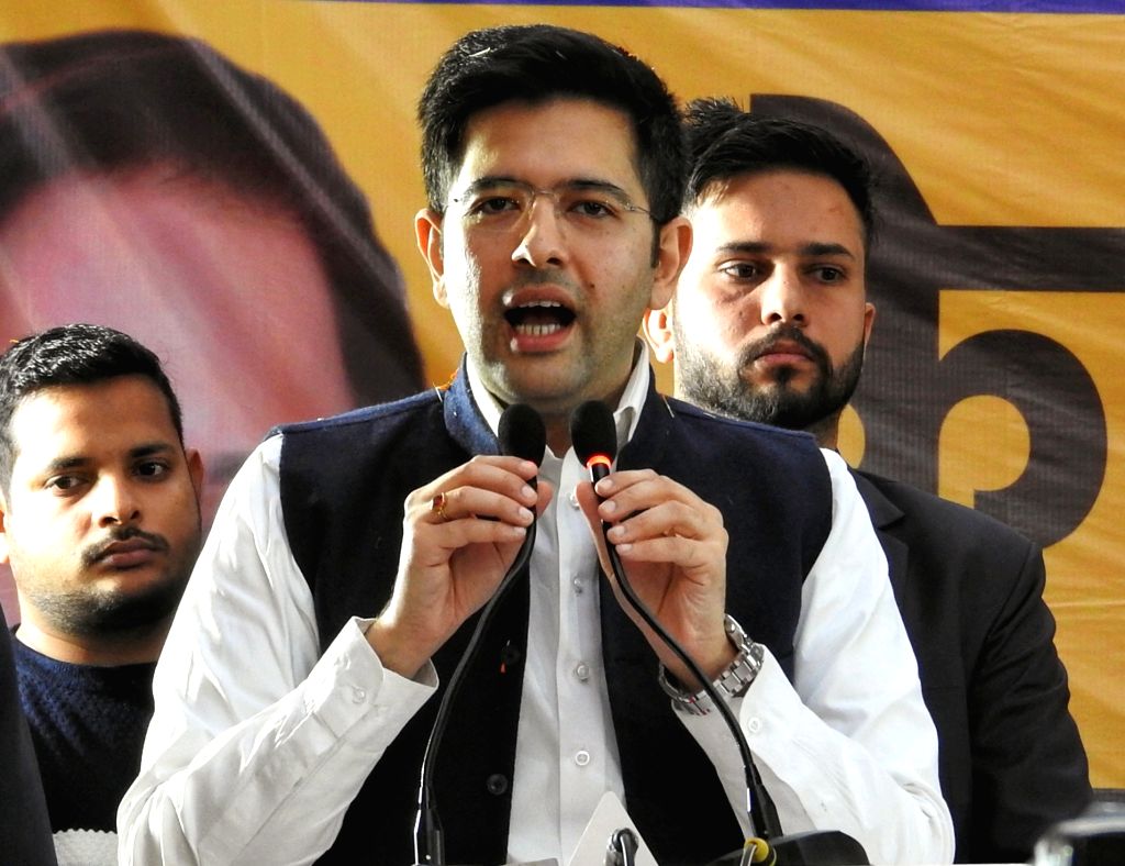 New Delhi : MP Raghav Chadha addressing during an election campaign for ...
