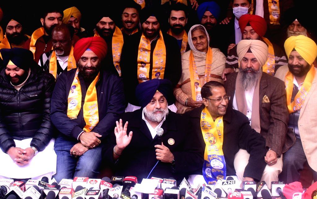 SAD president Sukhbir Singh Badal addresses a press conference