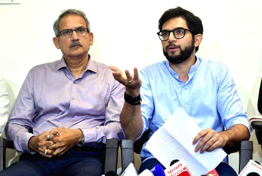 Shiv Sena (UBT) leader Aditya Thackeray with Anil Desai address a press ...