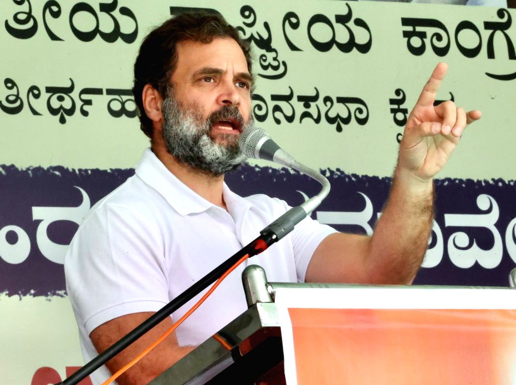 Shivamogga : Congress leader Rahul Gandhi addresses during a public ...