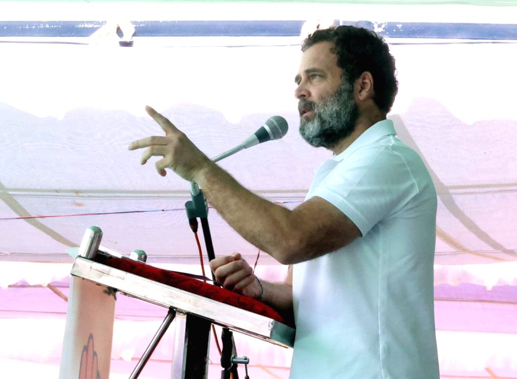 Shivamogga : Congress leader Rahul Gandhi addresses during a public ...