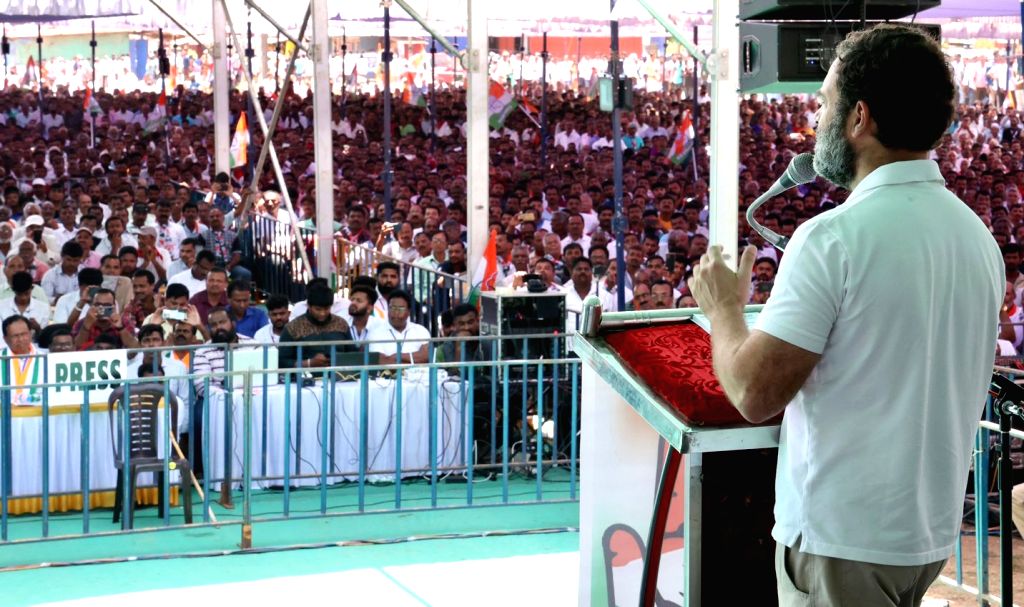 Shivamogga : Congress leader Rahul Gandhi addresses during a public ...