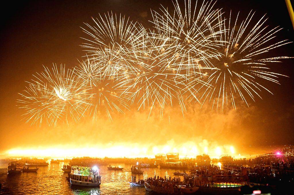 Sky illuminates with fireworks during Dev Deepawali celebrations