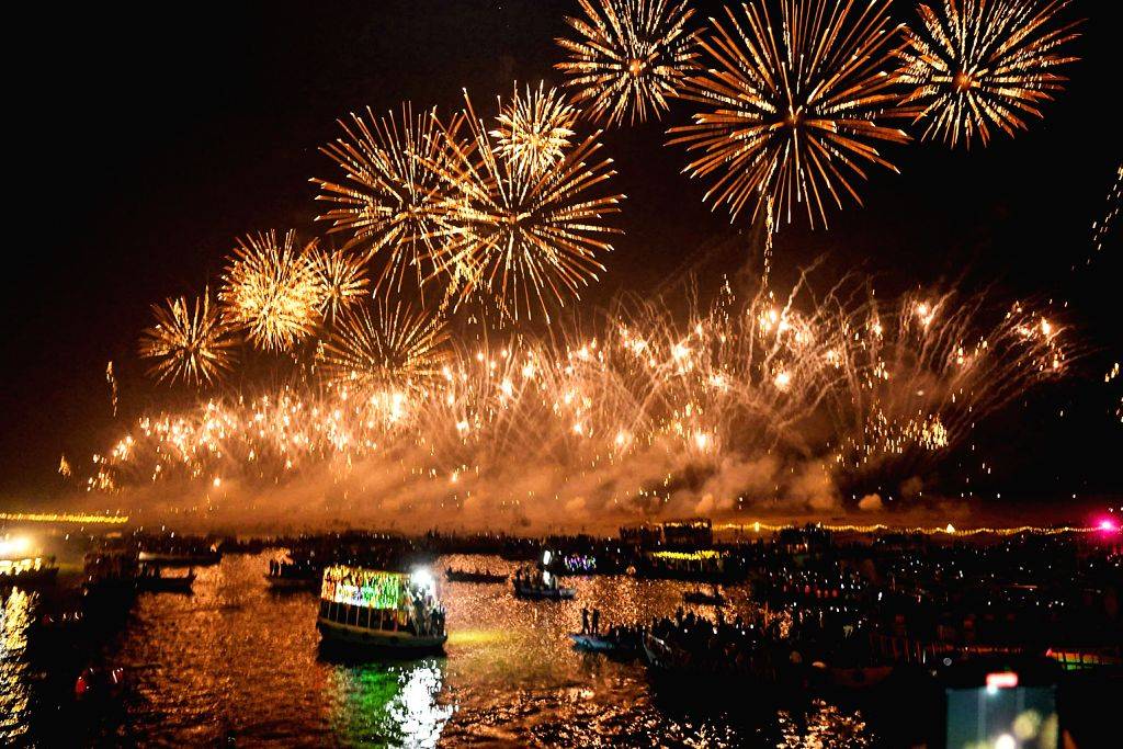 Sky illuminates with fireworks during Dev Deepawali celebrations