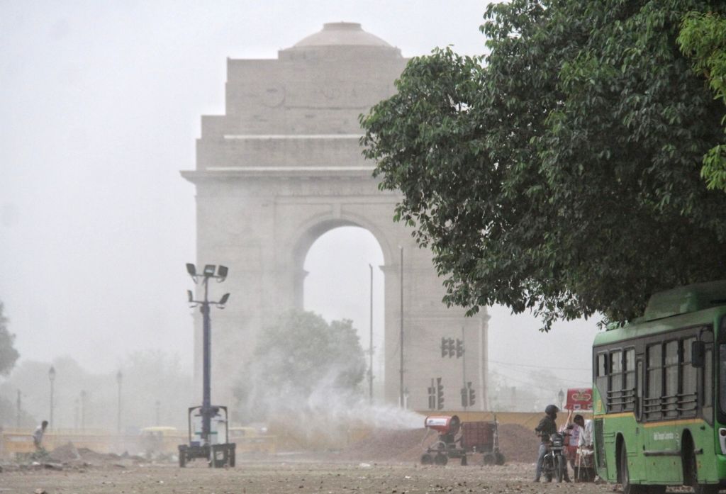 Smog gun spraying during the heavy Storm at India gate in new Delhi