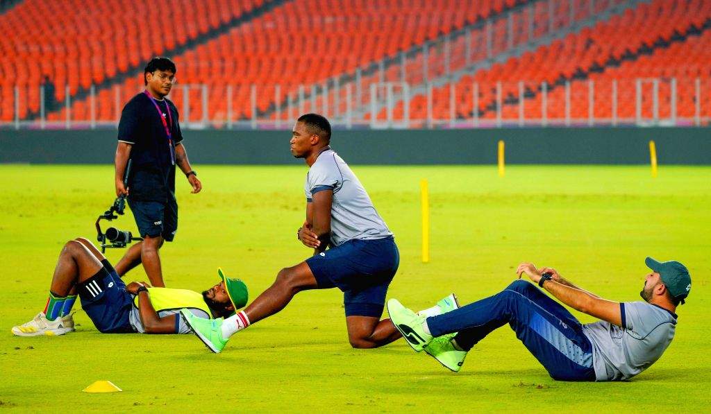 South African players during a practice session ahead of their ICC Men ...