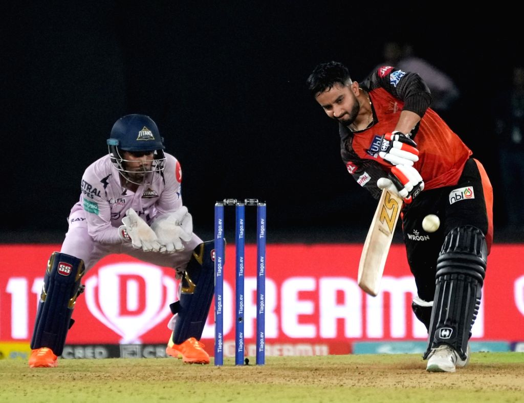 SRH's Mayank Markande plays a shot during the IPL 2023 match