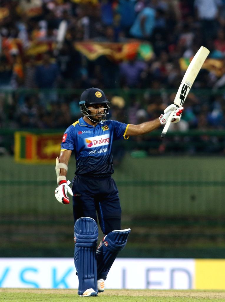 Pallekele (Sri Lanka): Milinda Siriwardana celebrates scoring fifty