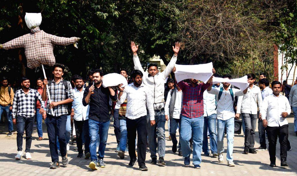Students protest against the felling of trees at Meerut College